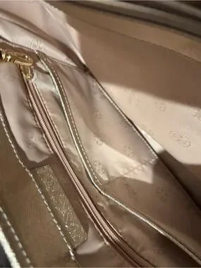 Bags | Tory Burch Woven Neutral Tote With Metallic Gold Trim Womens ...